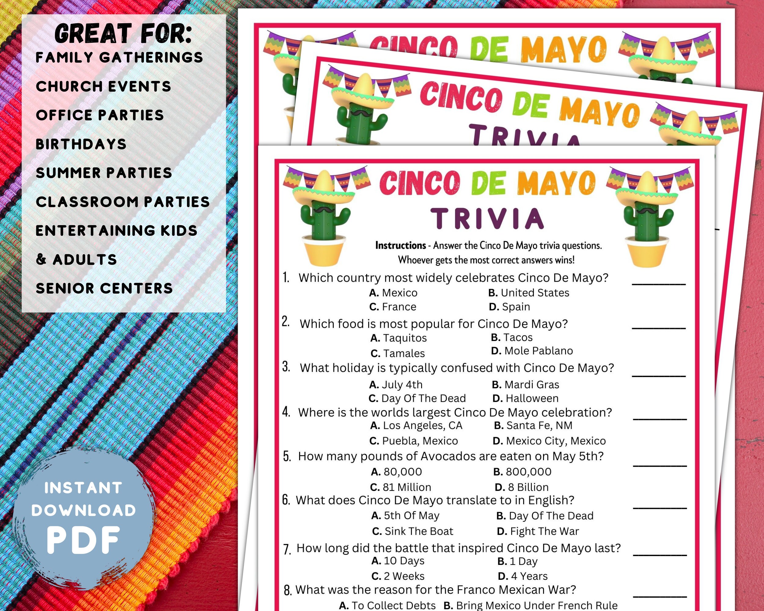 Printable Cinco De Mayo Trivia Party Game | Instant Download Classroom ...