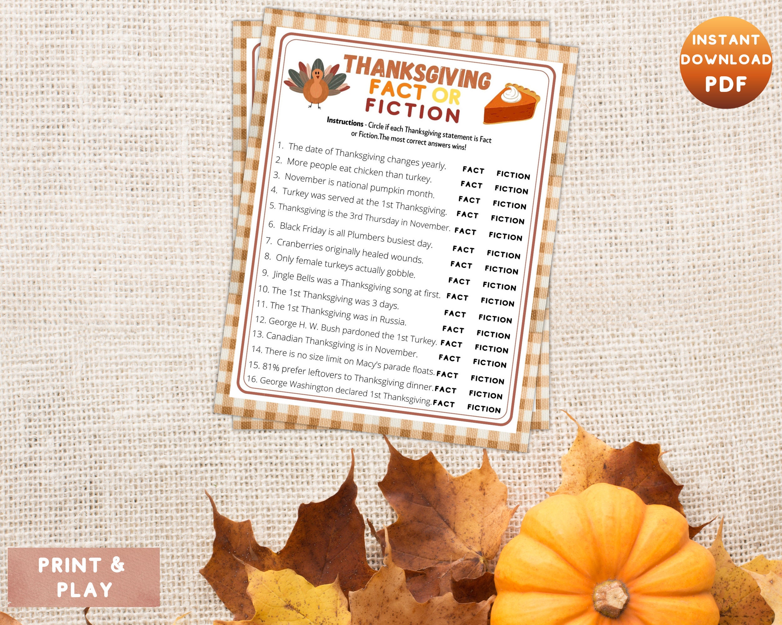 Thanksgiving Fact or Fiction Printable Trivia Game, Virtual Team ...