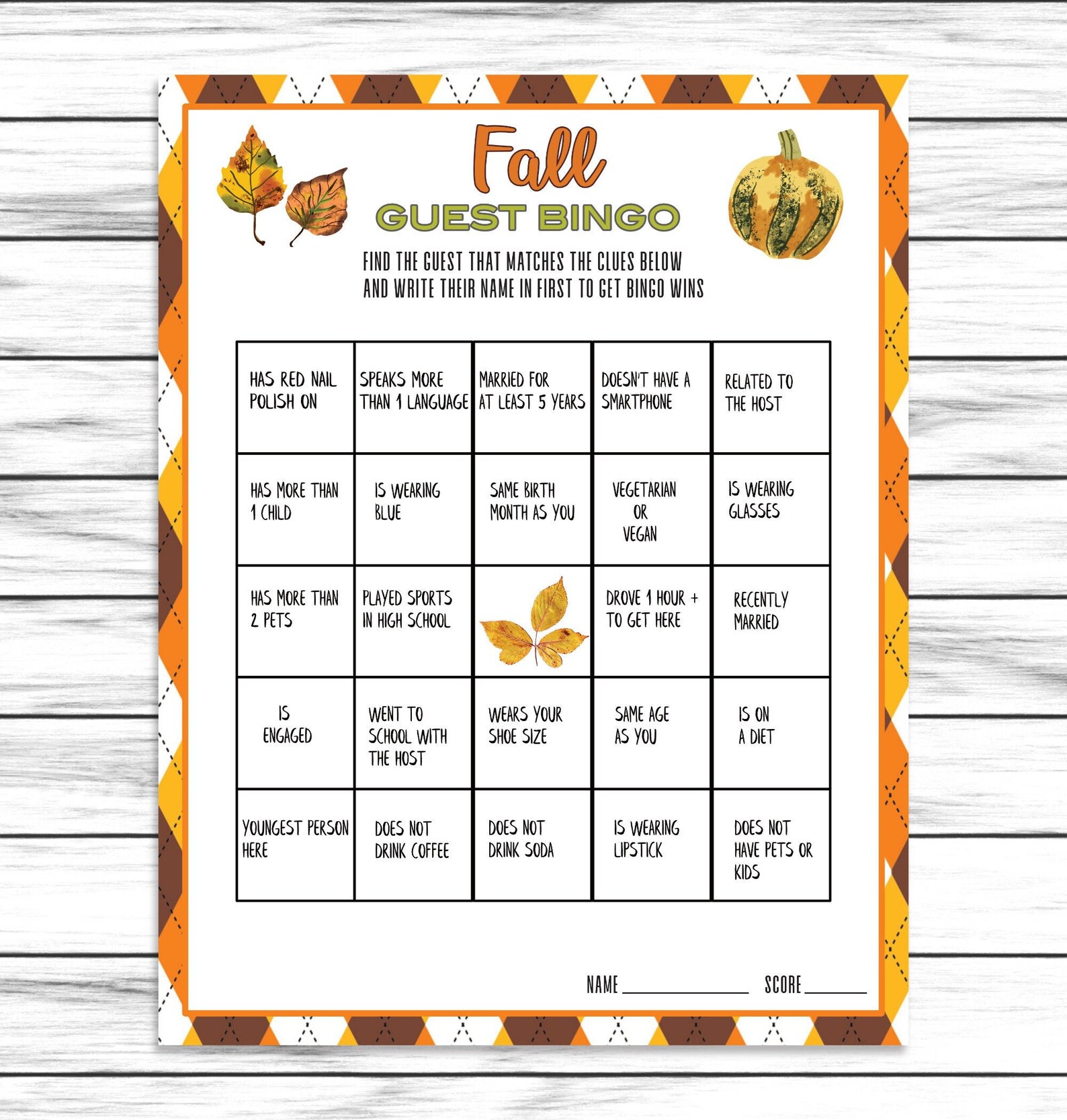 Fall Find the Guest Bingo Game Printable or Virtual Ice | Etsy