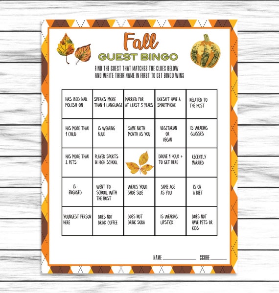 Fall Find the Guest Bingo Game Printable or Virtual Ice | Etsy