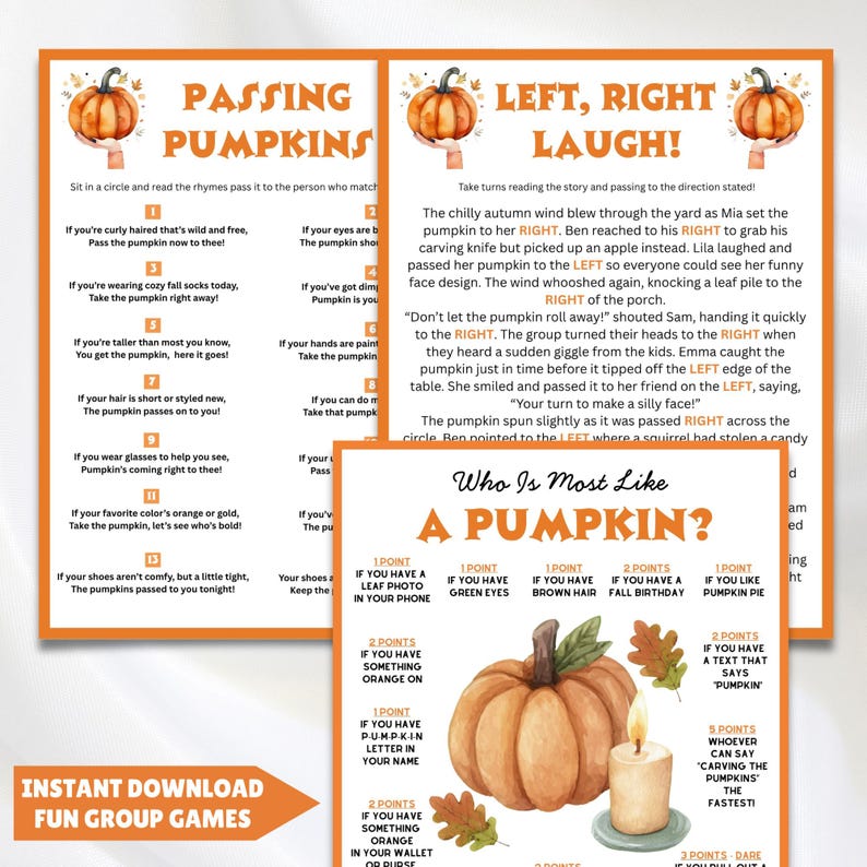Printable Fall Left Right Pumpkin Game Bundle, Fun Passing Autumn Group ...
