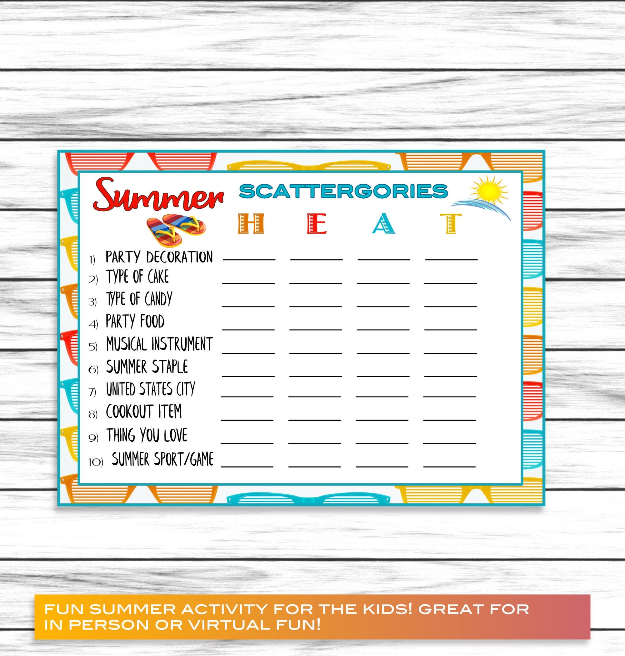 Summer Scattergories Party Game Word Game for Adults Kids | Etsy