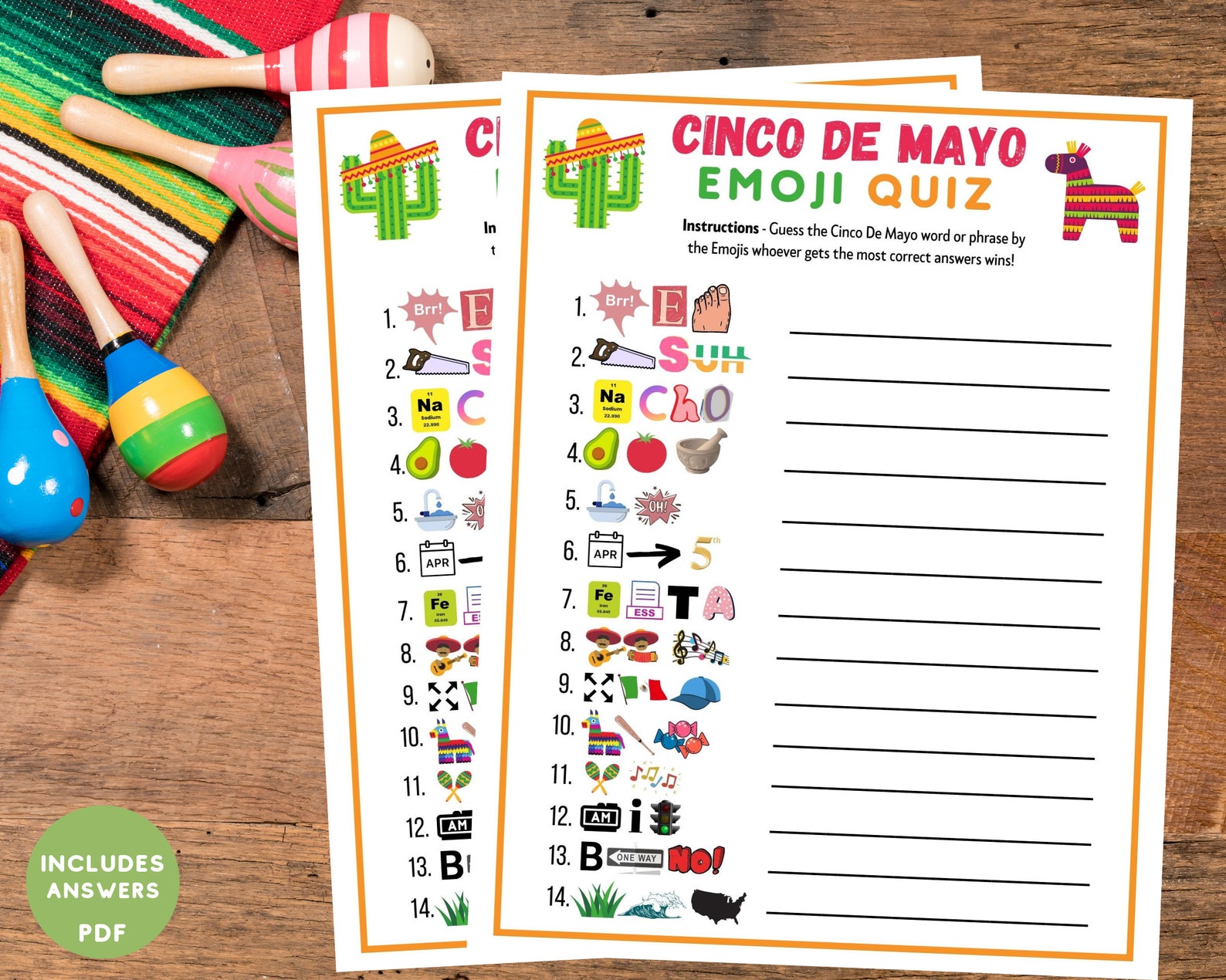 Printable Cinco De Mayo Game Emoji Pictionary Party Game | Emoji Quiz ...