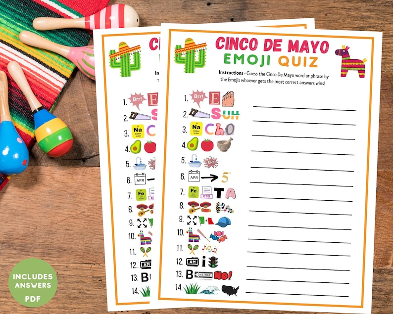 Printable Cinco De Mayo Game Emoji Pictionary Party Game | Emoji Quiz ...