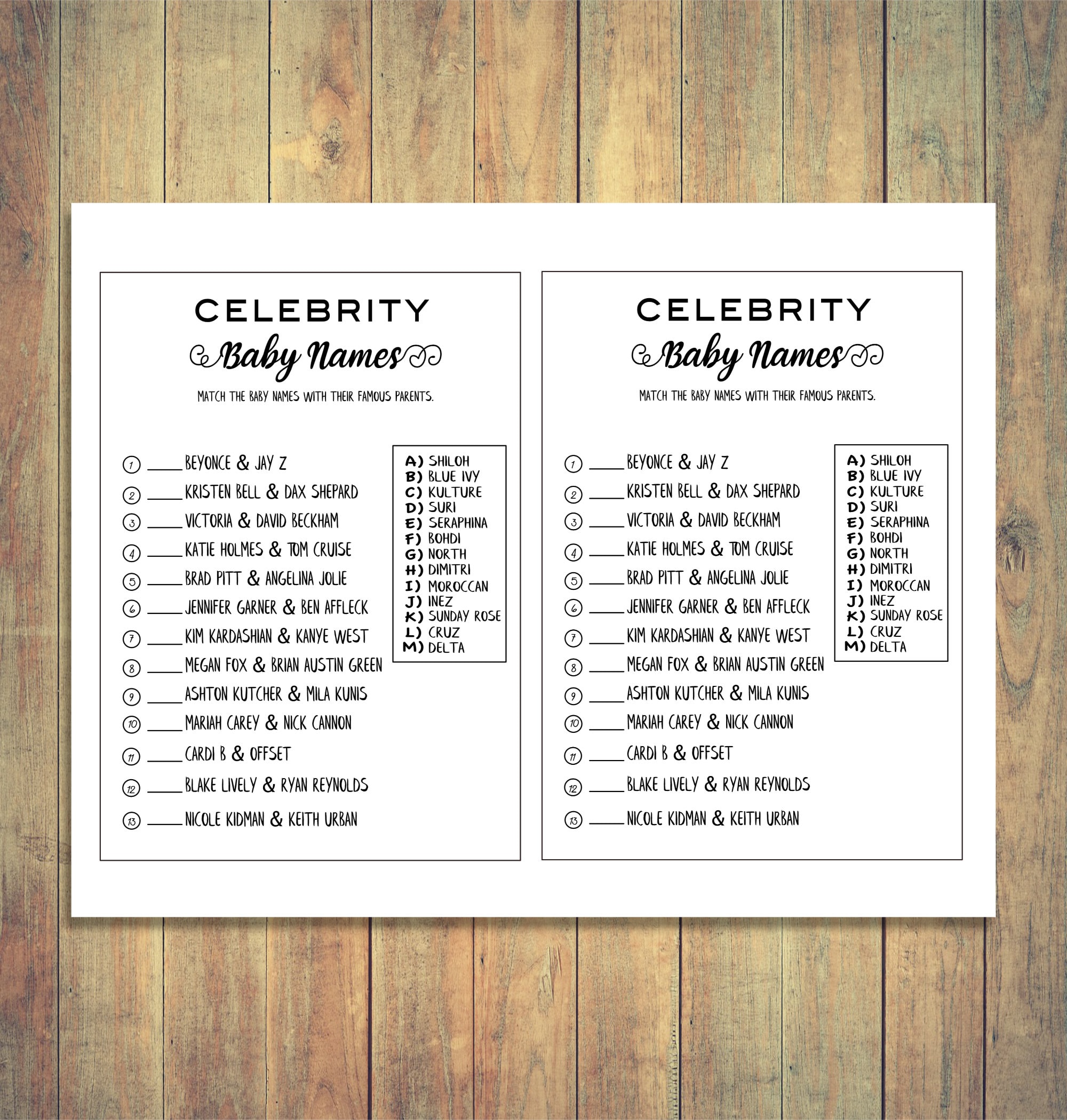 Celebrity Baby Name Printable Baby Shower Game Instant, 59% OFF
