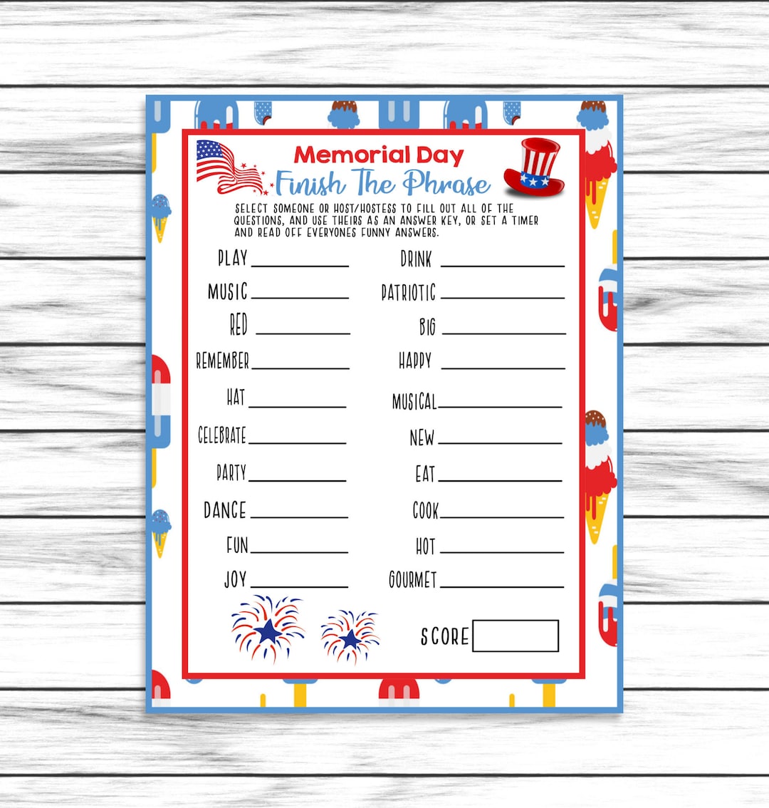 Memorial Day Finish the Phrase, Party Game, Word Game, for Adults Kids ...