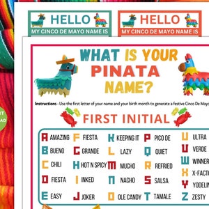 Printable Cinco De Mayo Whats Your Piñata Name Tag Game | Fun Quiz for ...