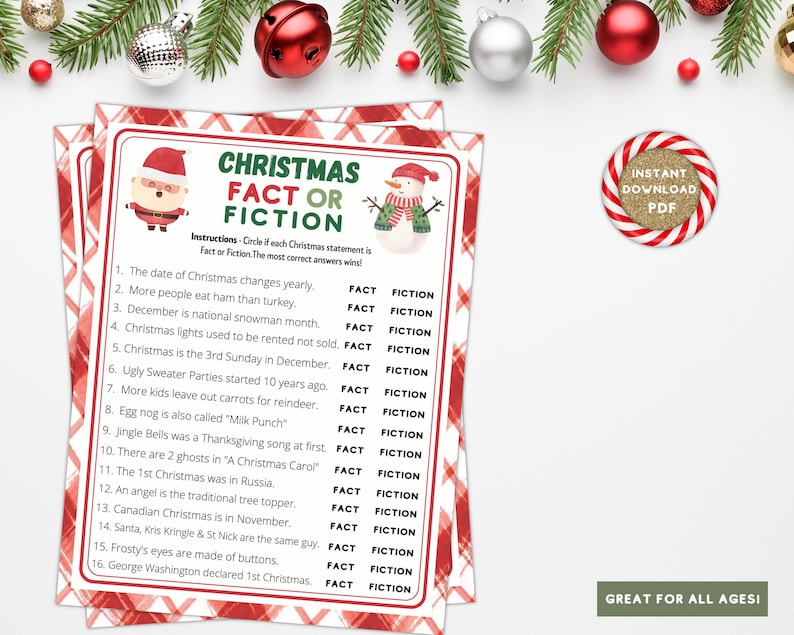 Printable Fact or Fiction Christmas Gameholiday Party Quiz - Etsy