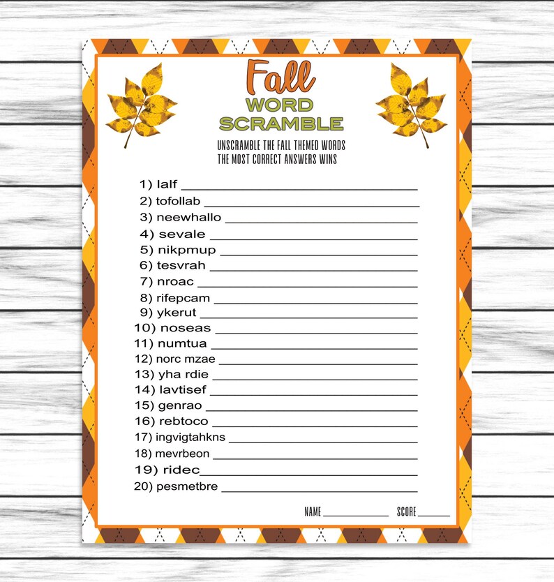 Fall Word Scramble Game, Printable or Virtual Game for Adults and Kids ...