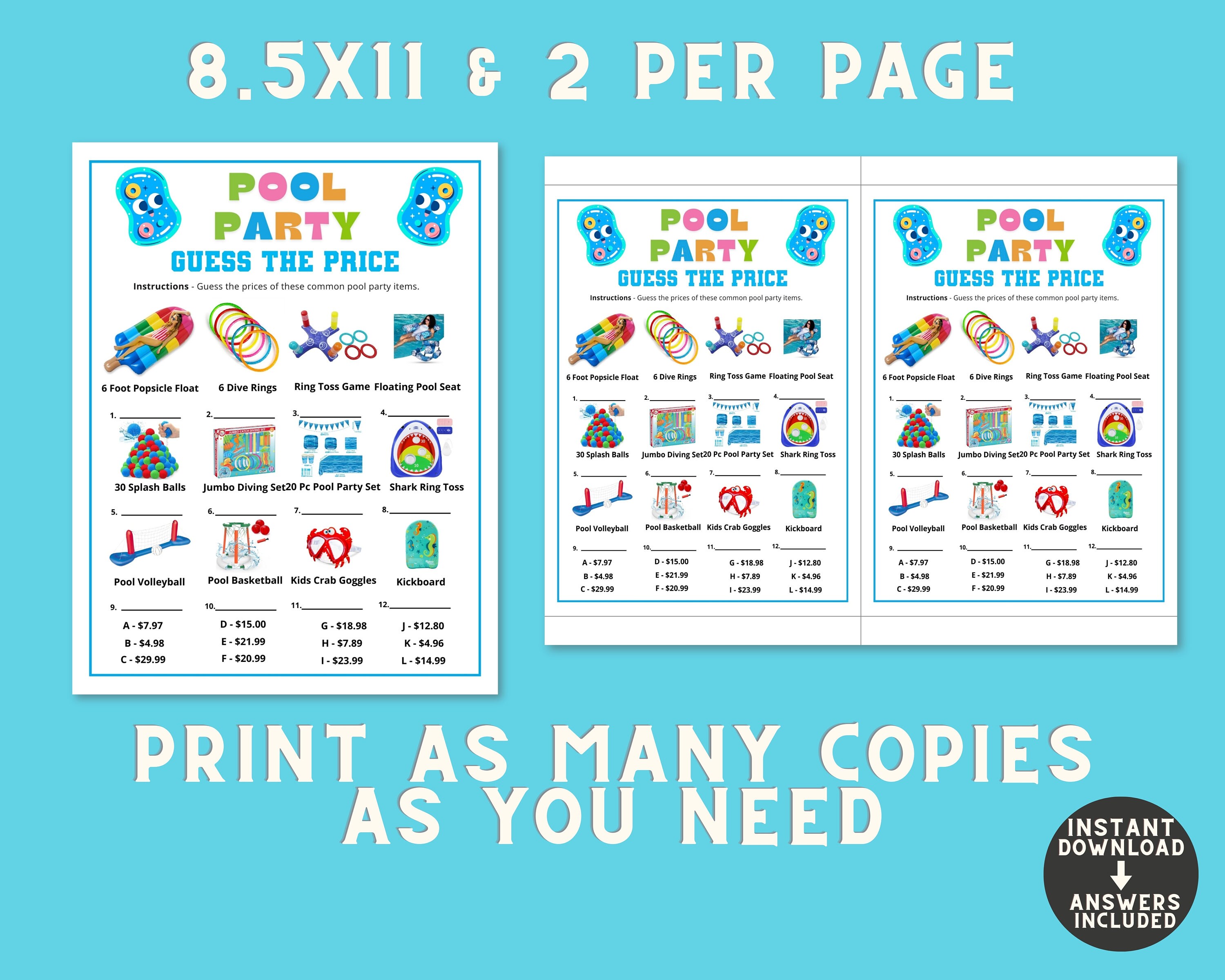 Pool Swimming Party Printable Games Answers Bundle | Swim Meet ...