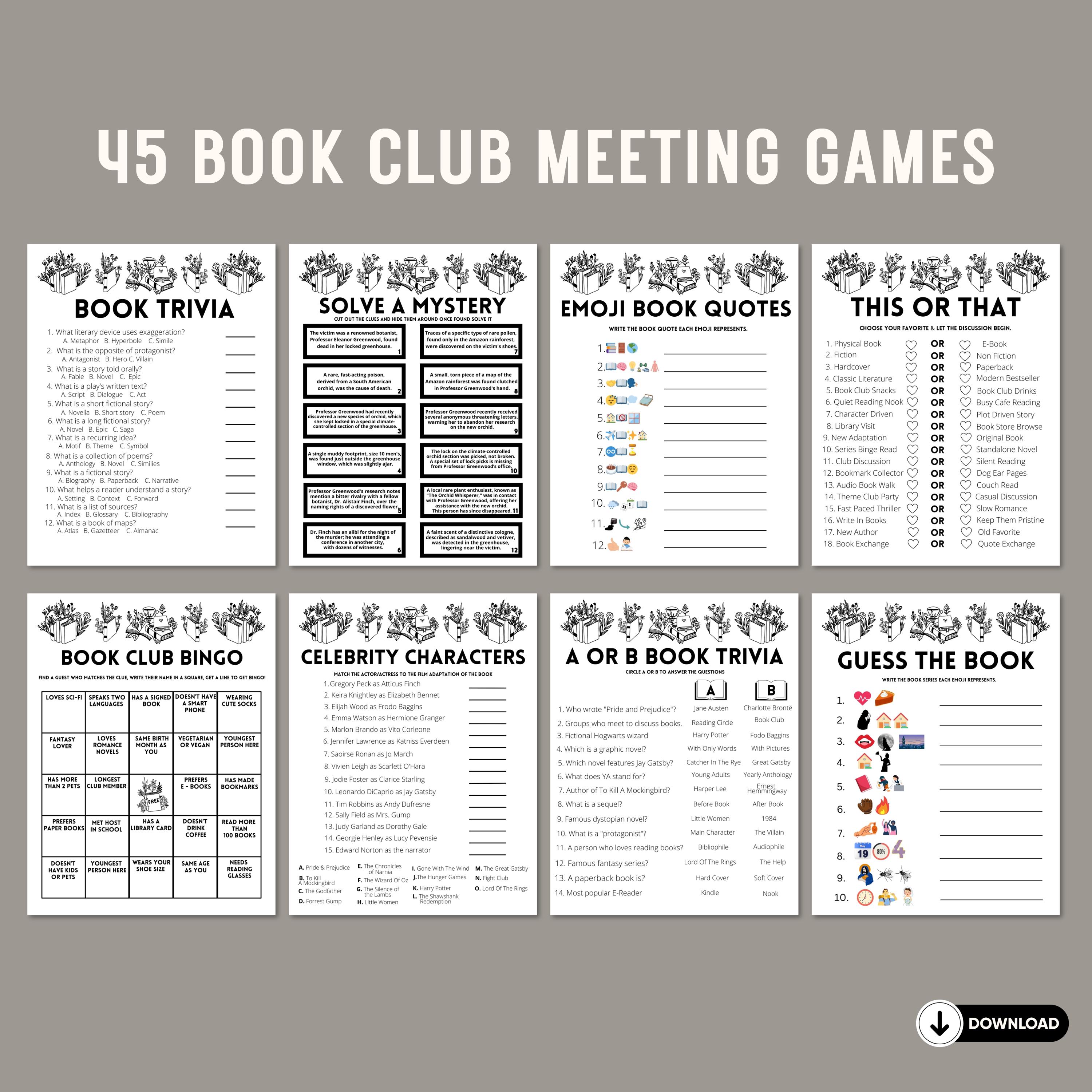 Book Club Meeting Printable Games and Answers | Reading Party Trivia ...