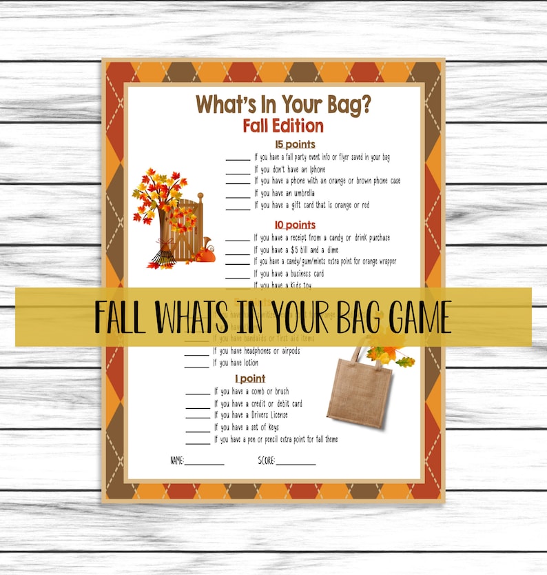 Fall Whats in Your Bag, Autumn Party Game, Purse Game, for Adults Kids ...