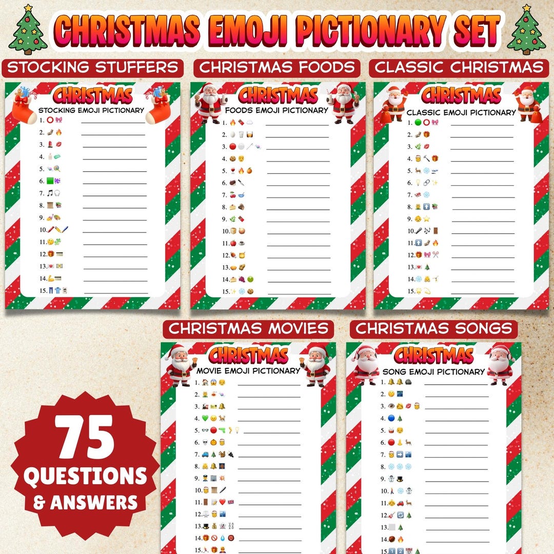 5-in-1 Christmas Emoji Pictionary Game Bundle | Printable Holiday Party ...