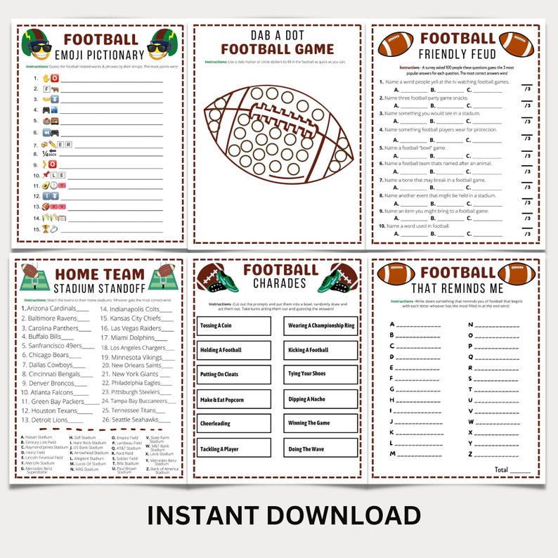 Printable Football Party Game Bundle | Kids & Adults Football Activity ...