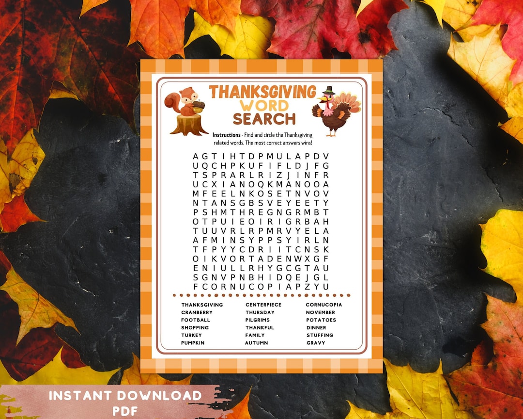 Thanksgiving Word Find Search Game, Printable Virtual Turkey Day Puzzle ...