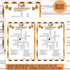 Fall Crossword Puzzle Quiz, Fall Party Word Game, Autumn Game, for ...