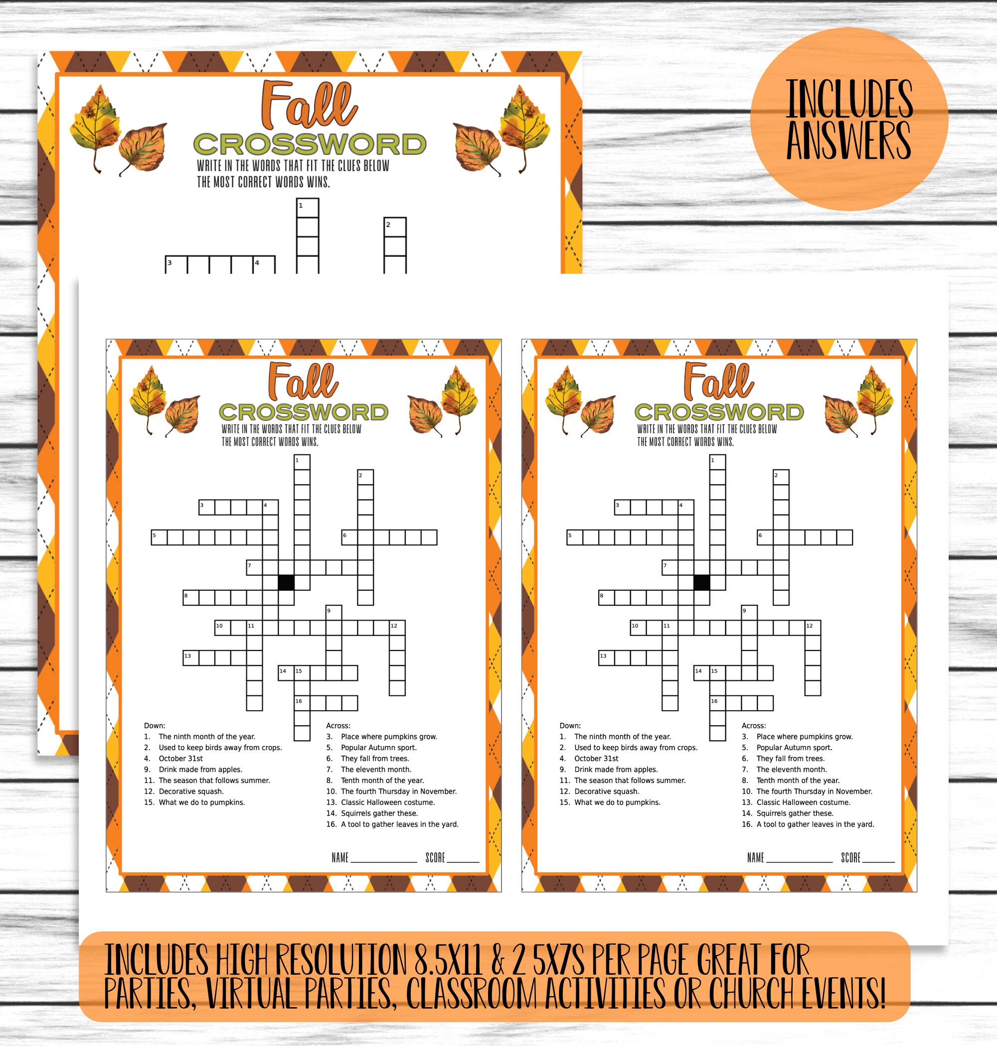 Fall Crossword Puzzle Quiz, Fall Party Word Game, Autumn Game, for ...