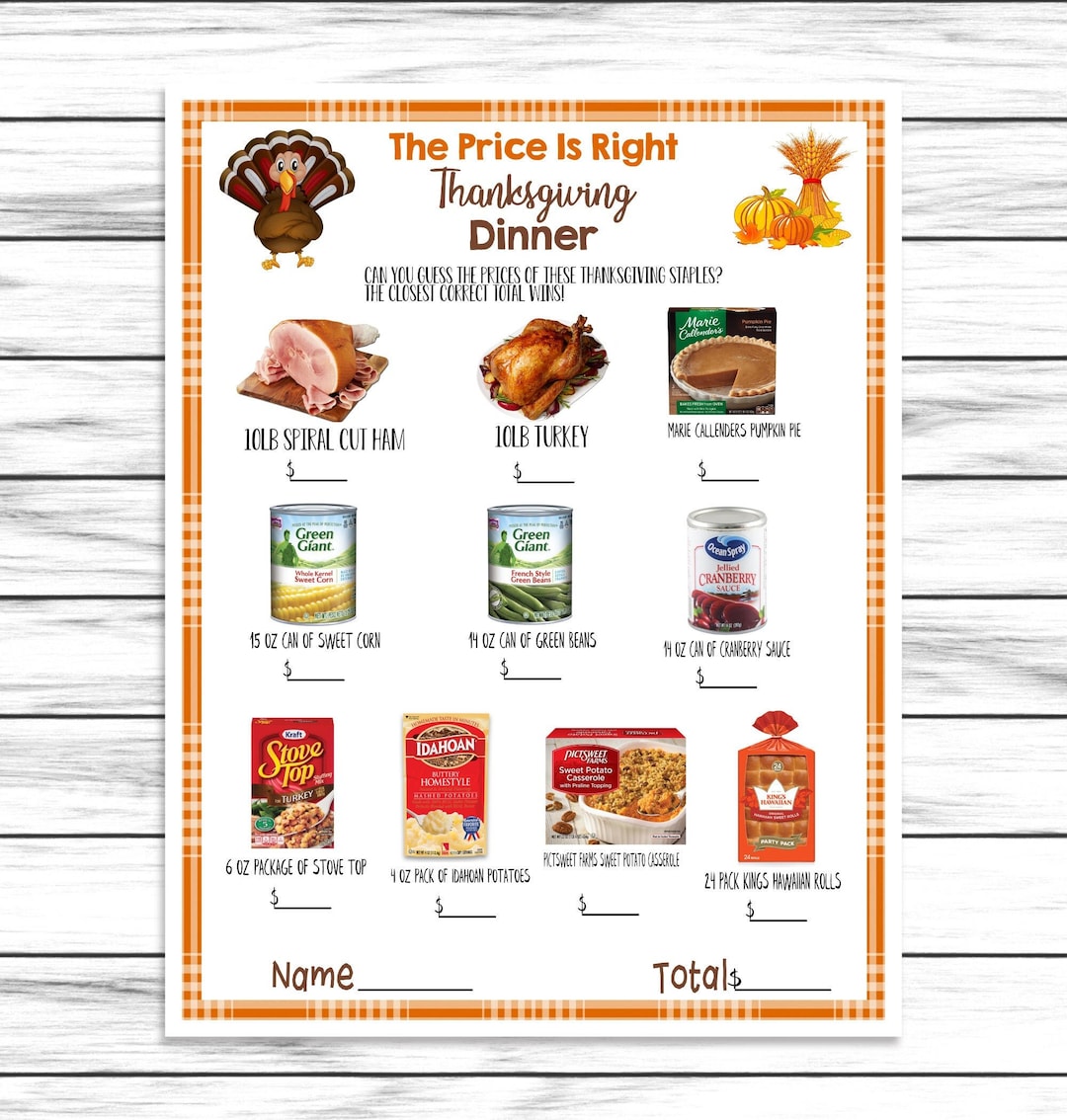 Thanksgiving Dinner Guess Price Game, Printable or Virtual Turkey Day ...