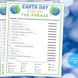 Printable Earth Day Finish the Phrase Game | Classroom Office Seniors ...