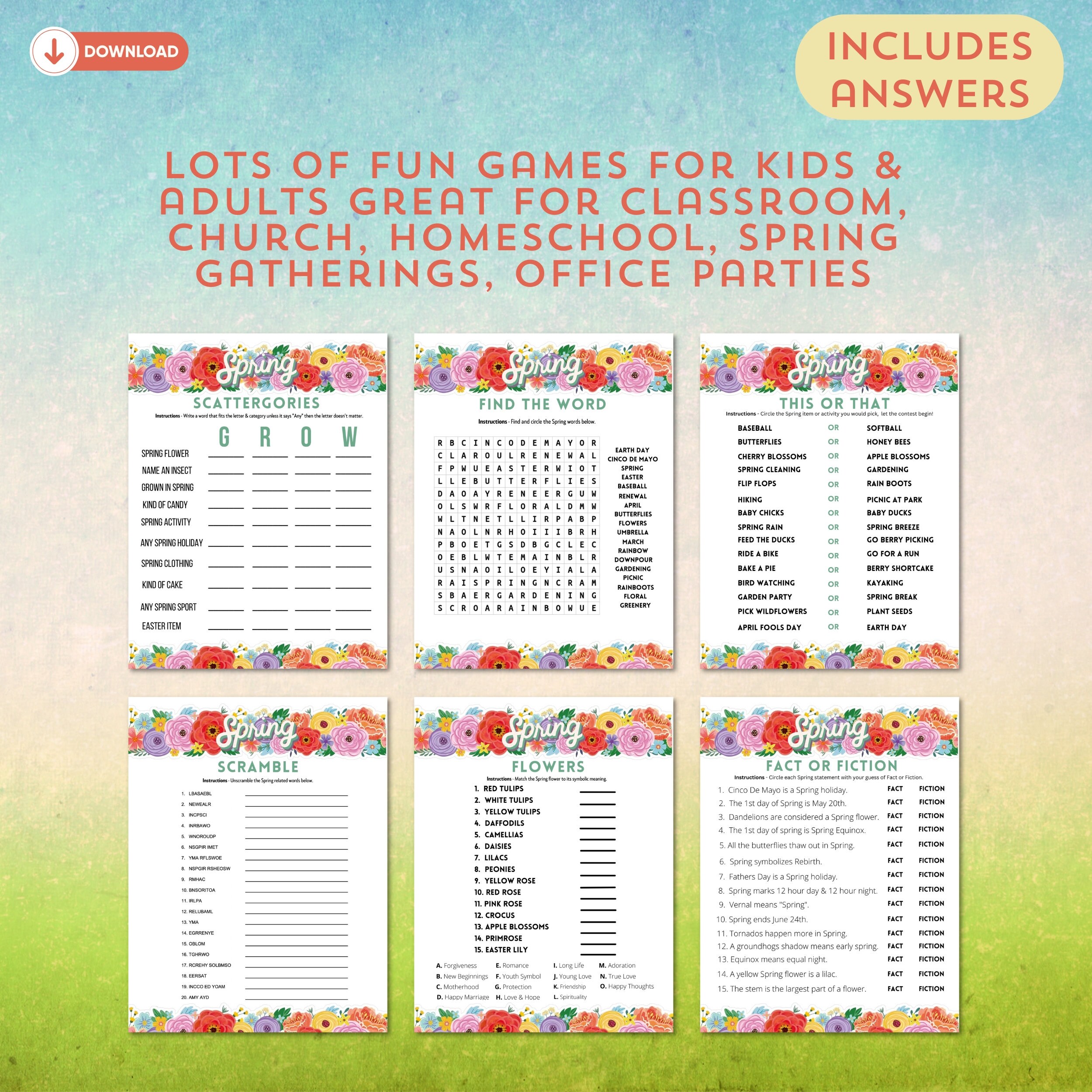 Spring Break Printable Games Mega Bundle With Answers | Flowers Emoji ...