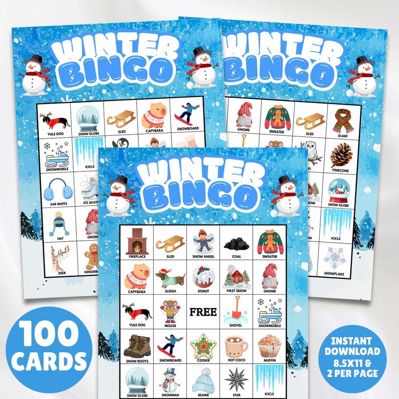 Printable Winter Bingo Game | 100 Unique Cards | Snowman Holiday Party ...