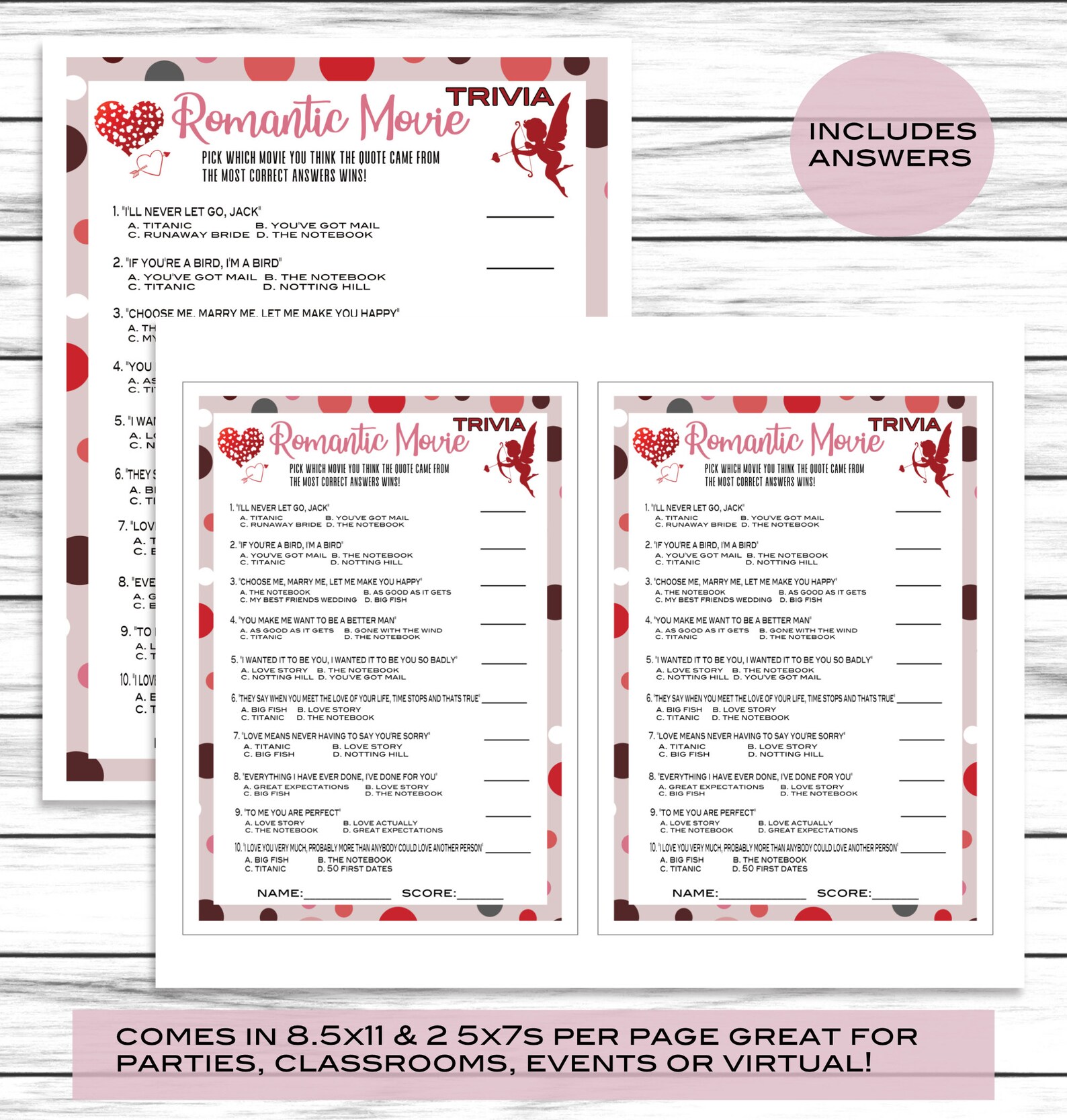 Valentines Romantic Movie Trivia Gamevirtual or Printable - Etsy