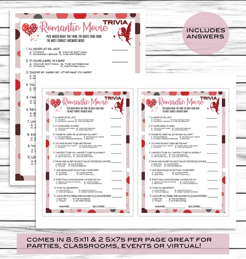 Valentines Romantic Movie Trivia Game,virtual or Printable V-day Party ...