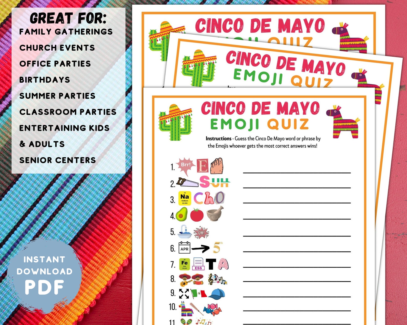 Printable Cinco De Mayo Game Emoji Pictionary Party Game | Emoji Quiz ...