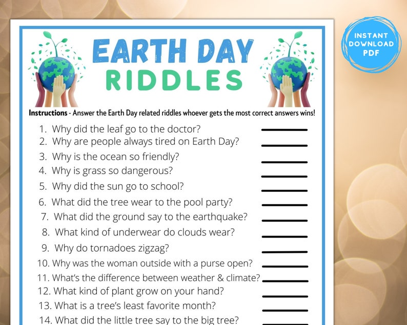 Printable Earth Day Fun Riddle Game | Classroom Work Seniors Activity ...