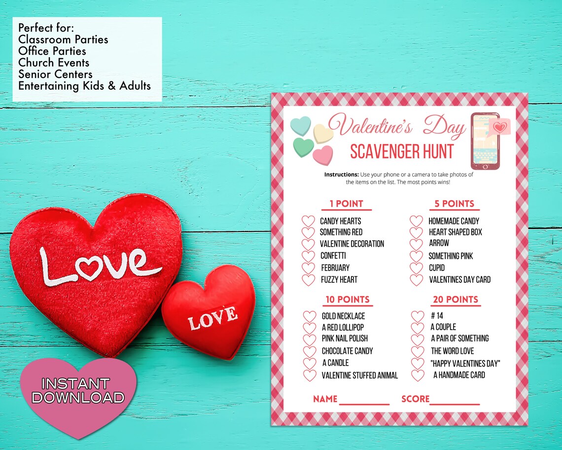 Valentines Scavenger Hunt Game classroom Office Valentines - Etsy