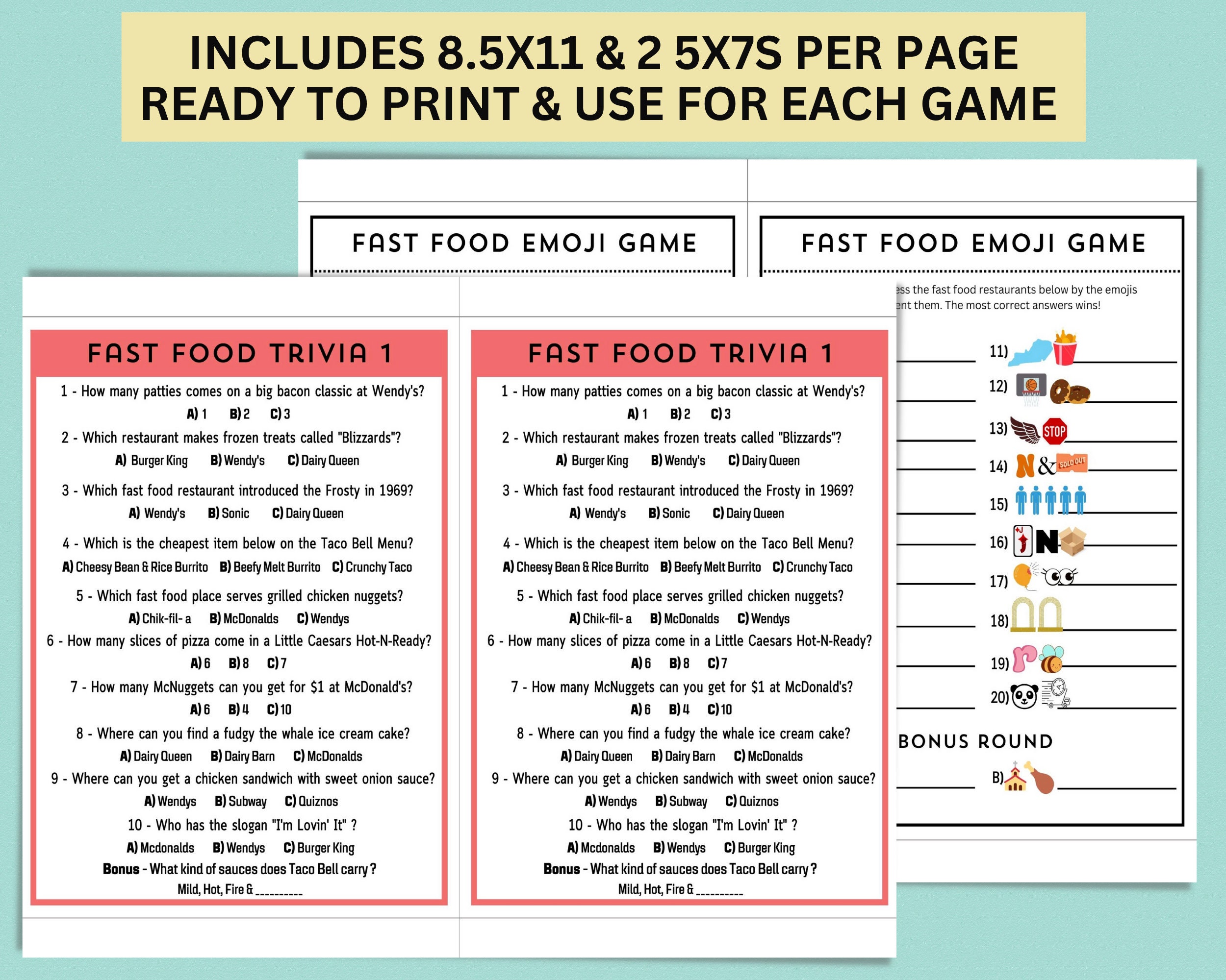Pub Trivia Food Game Bundle | Printable Fast Food Trivia & Emoji ...