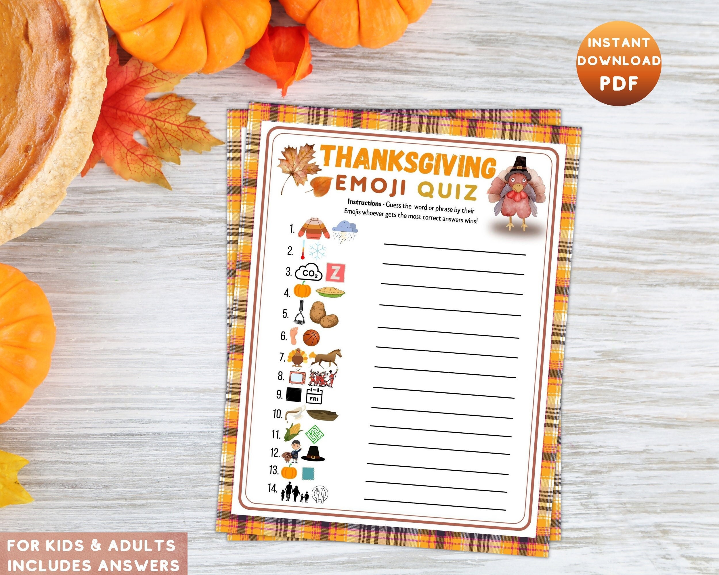 Emoji Pictionary Printable Thanksgiving Game, Virtual Turkey Day Trivia ...