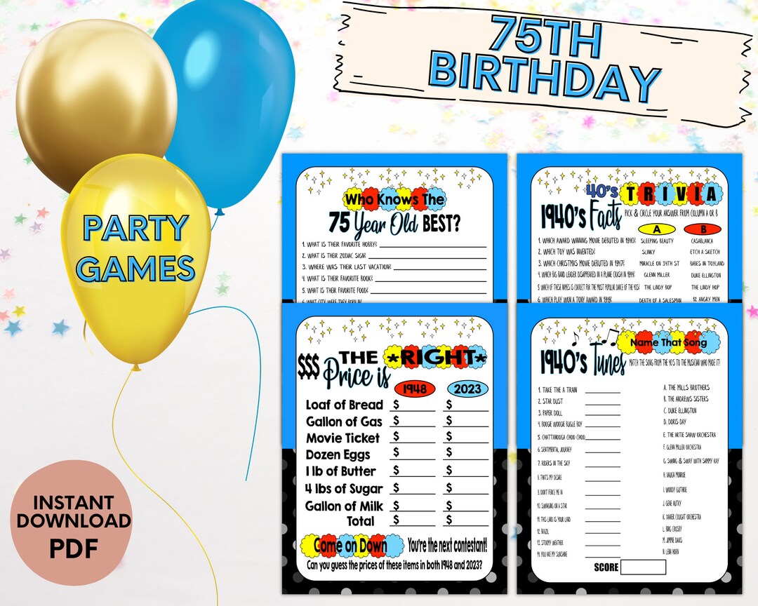 Printable 75th Birthday Party Games | Adult 75th Bday Activities ...
