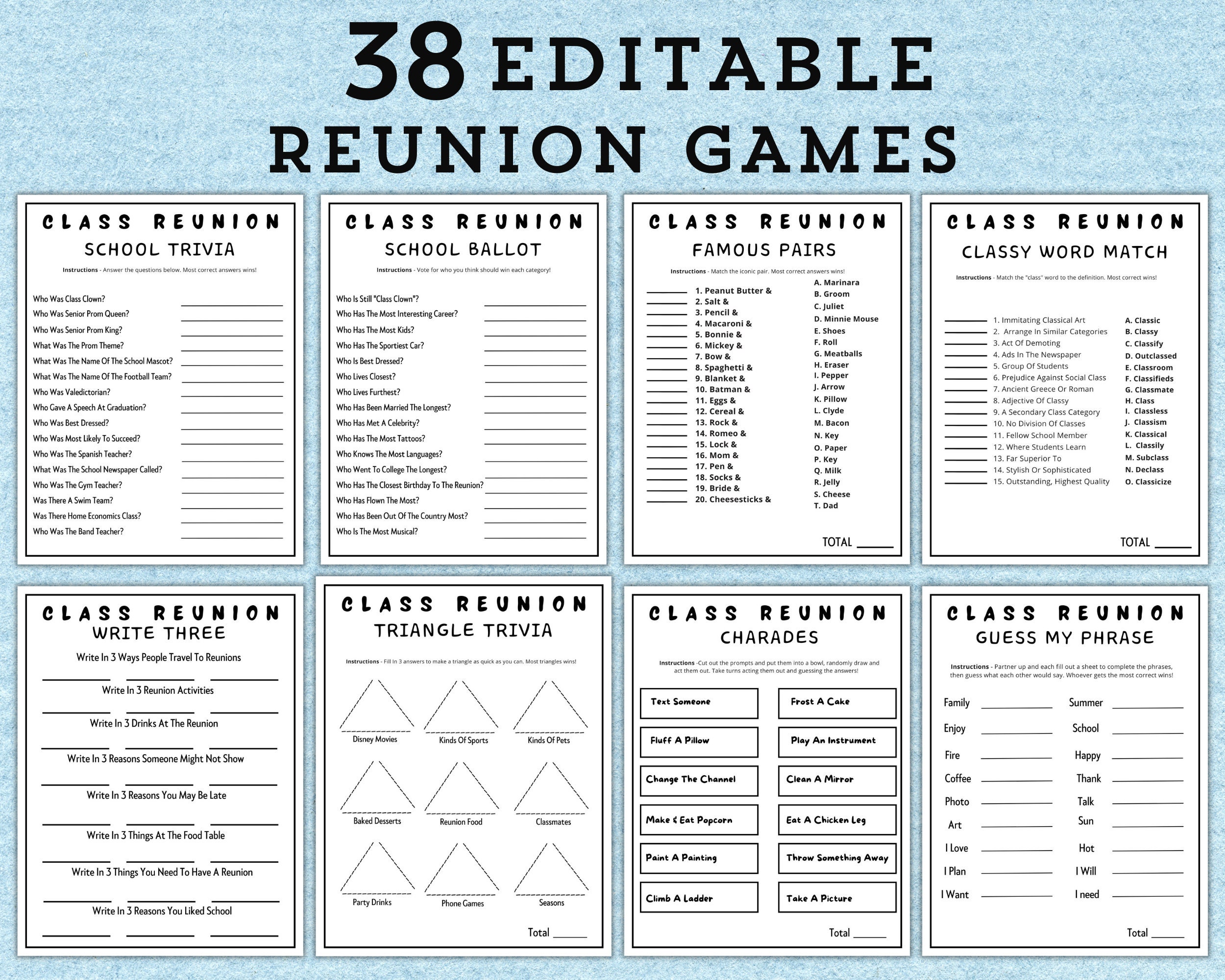 Printable Class Reunion Games | Editable Reunion Template Activities ...