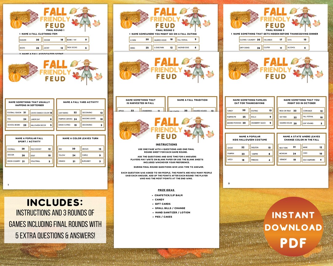 Autumn Fall Family Feud Trivia Printable Game ,adults Kids Fun Party ...