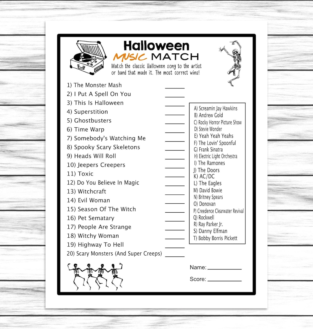 Halloween Music Match Trivia Game, Virtual or Printable Costume Party ...