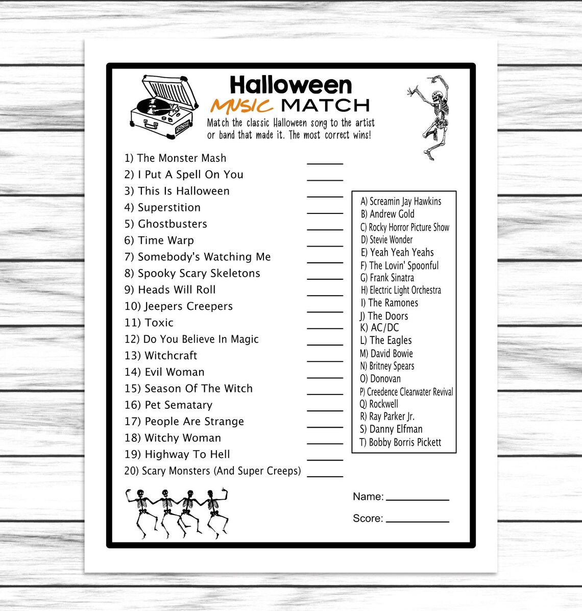 Halloween Music Match Trivia Game Virtual or Printable - Etsy