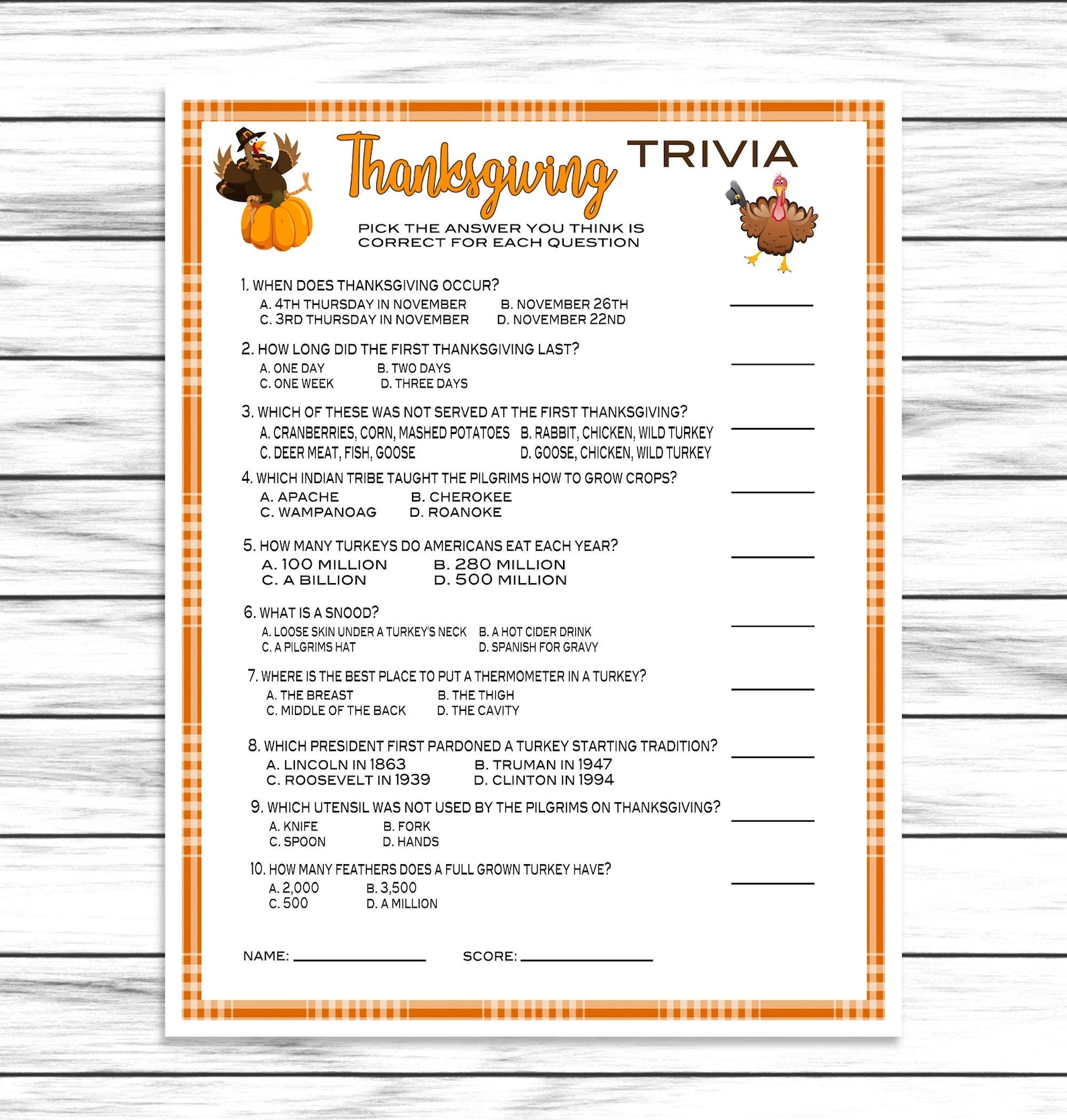Thanksgiving Trivia Game, Printable or Virtual Turkey Day Trivia Quiz ...