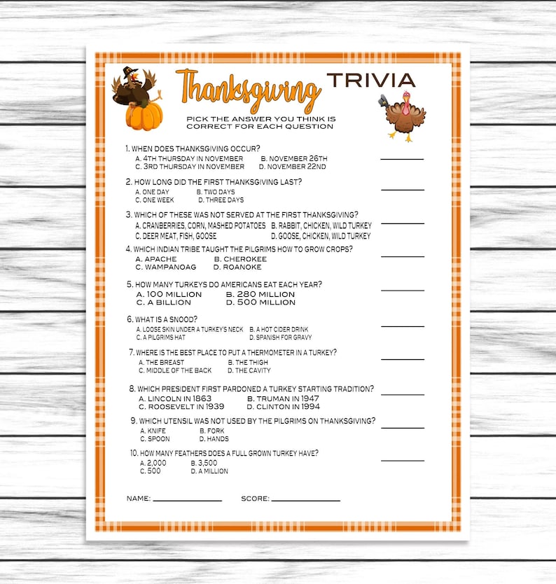 Thanksgiving Trivia Game, Printable or Virtual Turkey Day Trivia Quiz ...