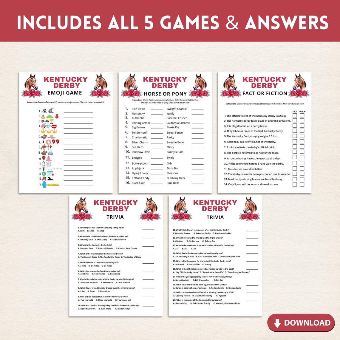 Printable Kentucky Derby Trivia Game Bundle, Derby Party Game, Trivia ...