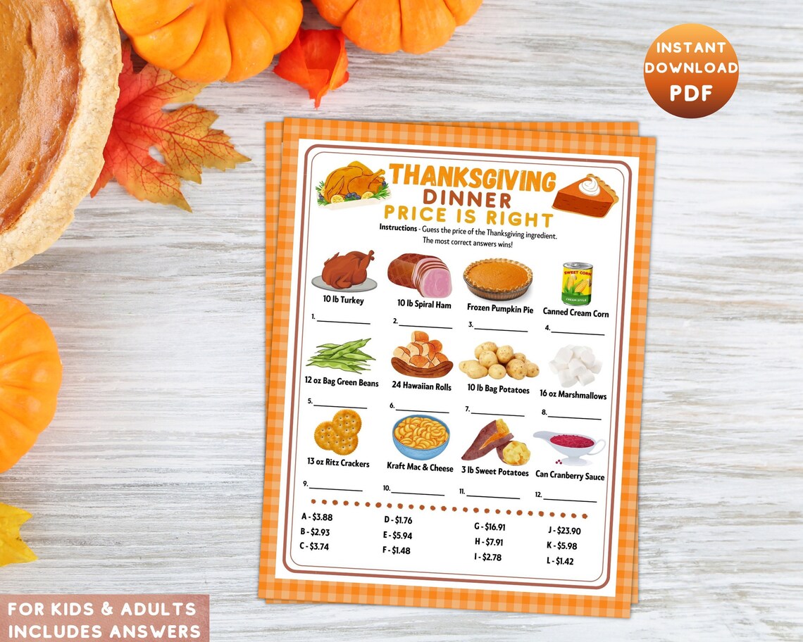 Thanksgiving Dinner Price is Right Printable Trivia Game, Group Game ...