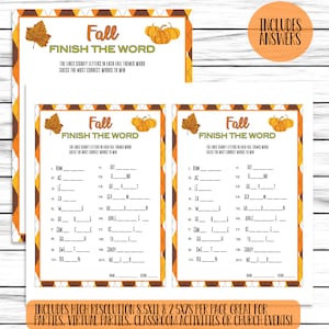 Fall Finish the Word Game, Printable or Virtual Game for Adults and ...