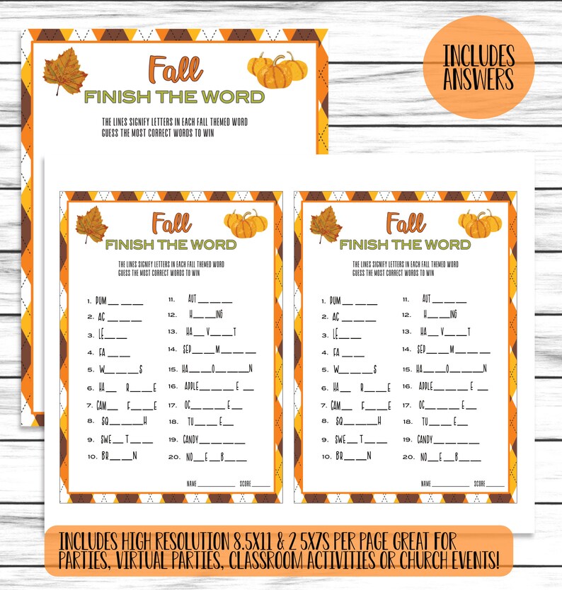 Fall Finish the Word Game Printable or Virtual Game for - Etsy