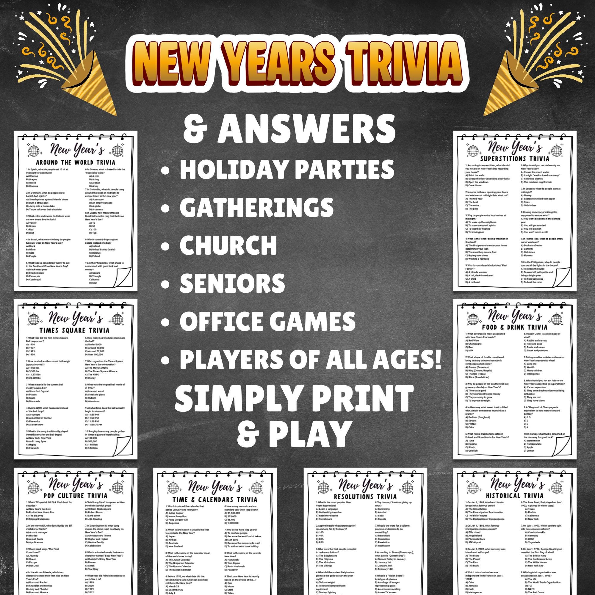New Years Eve Trivia Game Printable | 100 Questions | NYE Party Games ...
