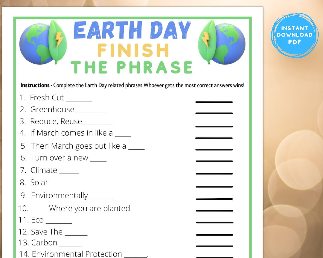 Printable Earth Day Finish the Phrase Game | Classroom Office Seniors ...