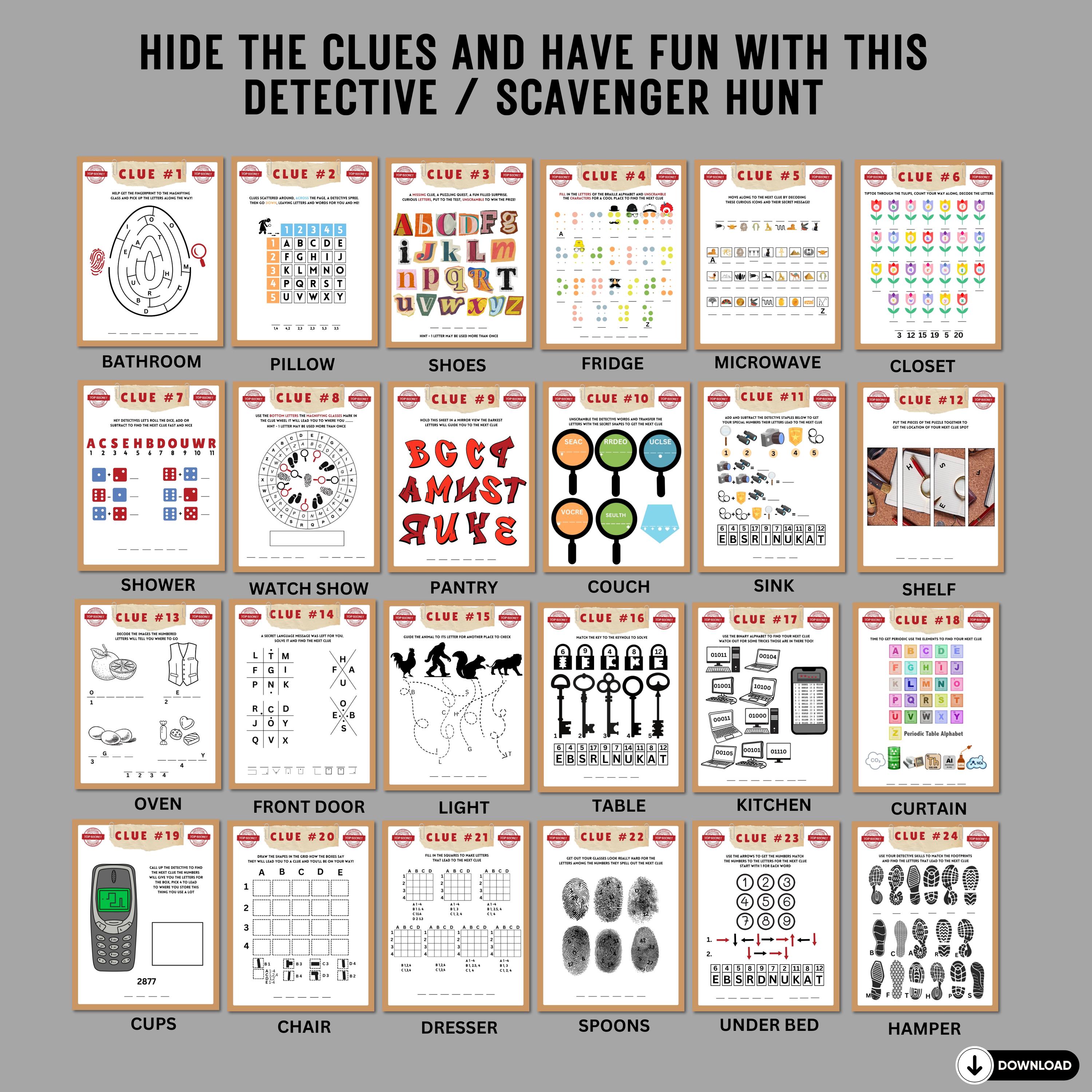 Printable Detective Scavenger Hunt for Older Kids | Birthday Top Secret ...