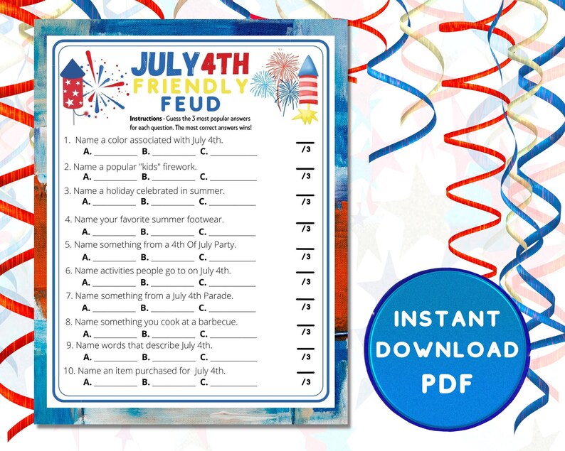 July 4th Family Feud Trivia Party Game Family Reunion Quiz - Etsy
