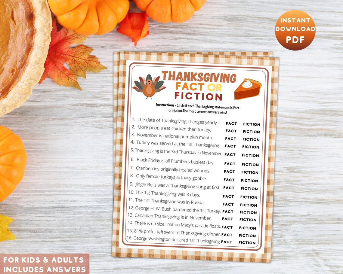 Thanksgiving Fact or Fiction Printable Trivia Game, Virtual Team ...