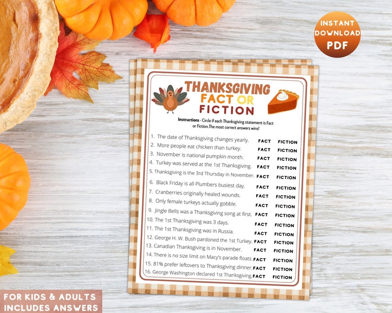 Thanksgiving Fact or Fiction Printable Trivia Game Virtual - Etsy