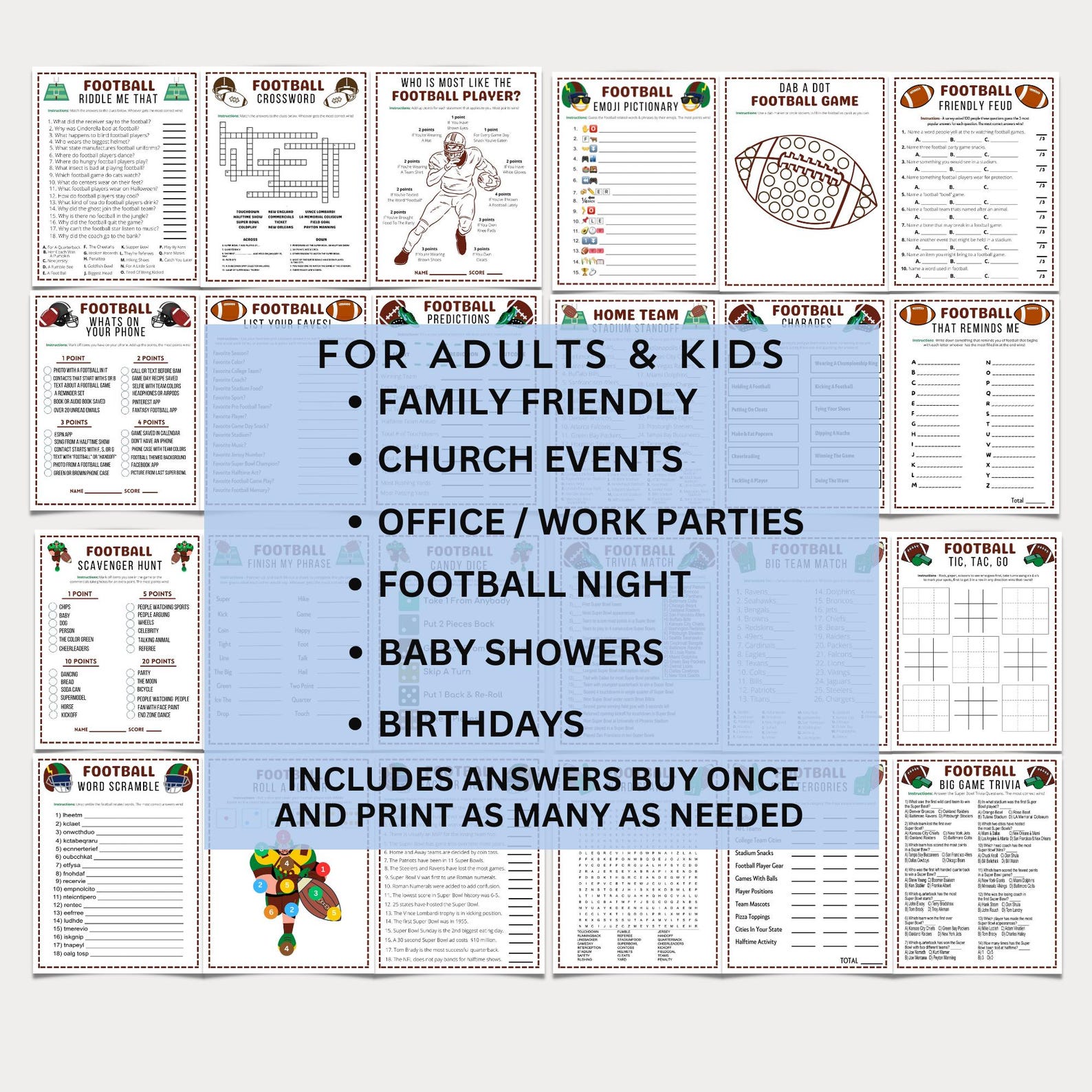 Printable Football Party Game Bundle | Kids & Adults Football Activity ...